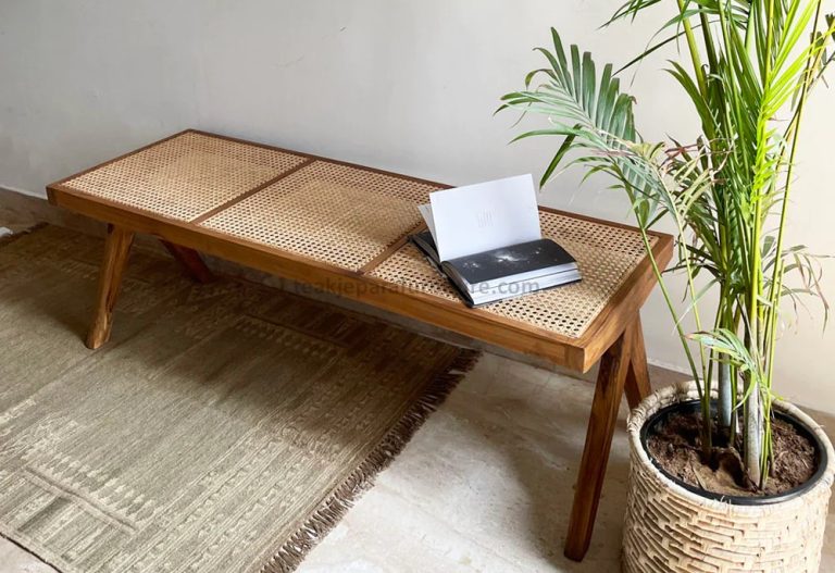 indoor teak and rattan bench
