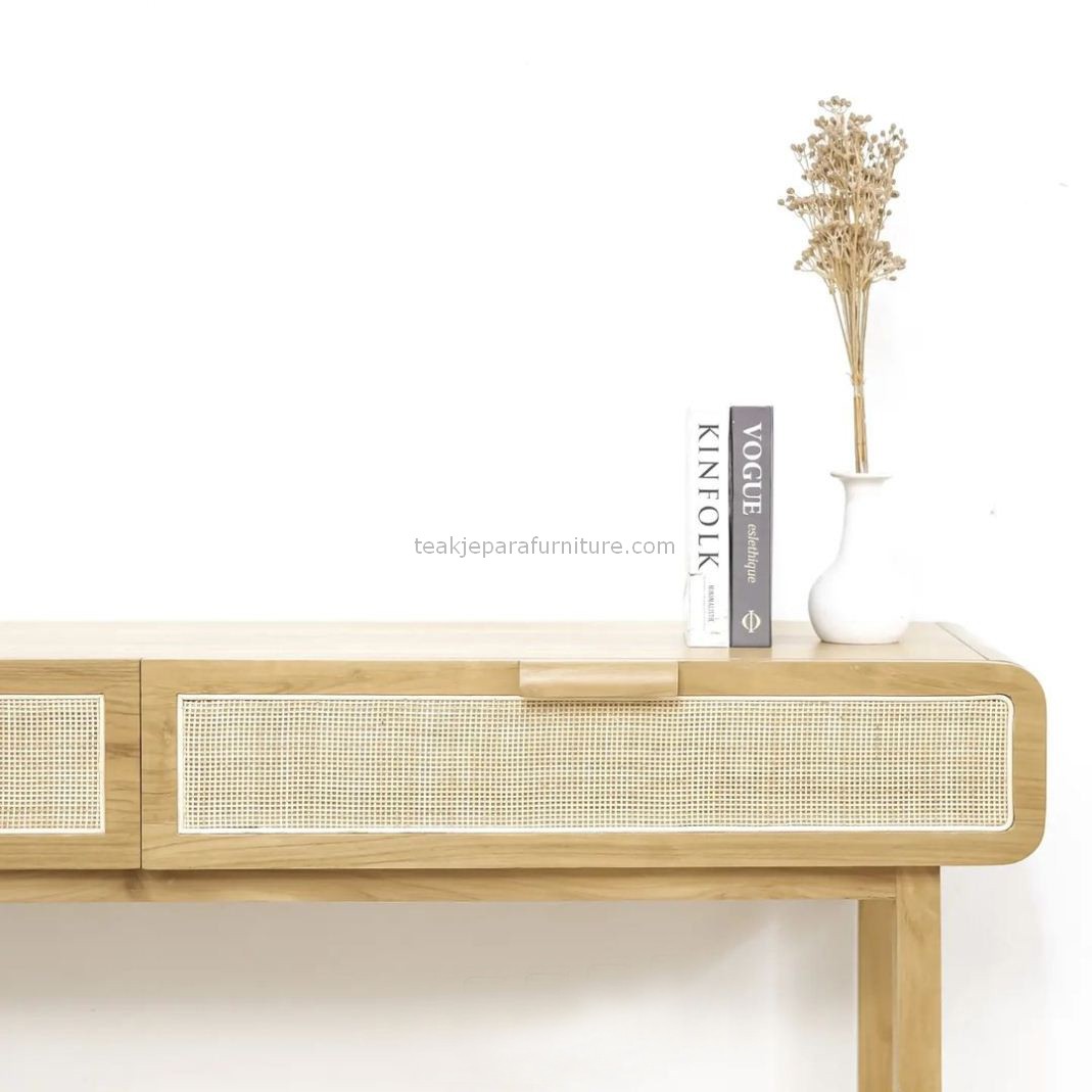 teak console table with drawers