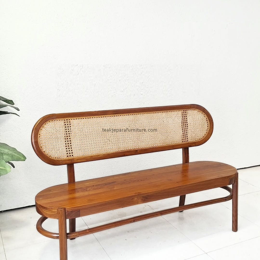 teak woven walnut rattan bench